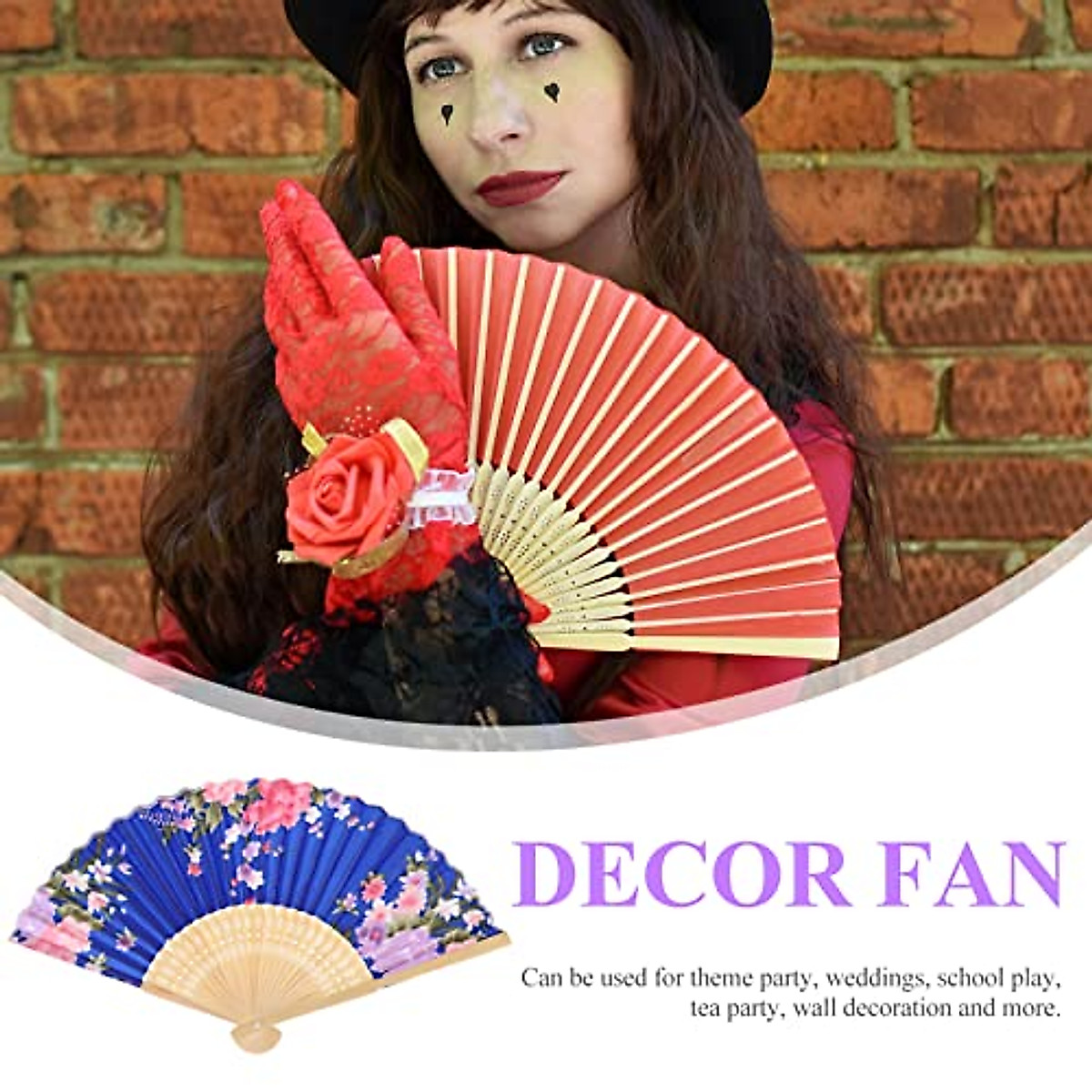 RAZZUM 2 Pcs Floral Folding Hand Fan Chinese Vintage Retro Silk Handheld Fans with Frames for Wedding Dancing Church Party Gifts Blue Fan