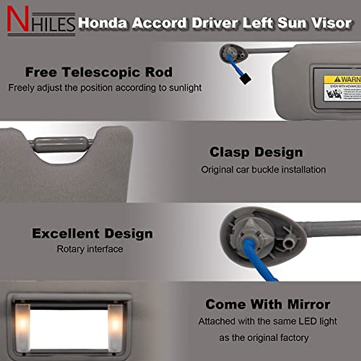 Left Driver Side Sun Visor Compatible with Honda Accord 2008 2009 2010 2011 2012 2013 2014 2015 2016 2017 with Light OEM : 83280-TA5-A51ZA (Grey)