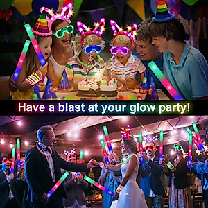 SHQDD 136PCS Glow in the Dark Party Supplies,Glow Sticks Glasses Favors, 12PCS Foam Glow Sticks, 12PCS LED Glasses, 12PCS Bunny Ear Headband and 100PCS Glow Sticks for Neon Party for Kids or Adults