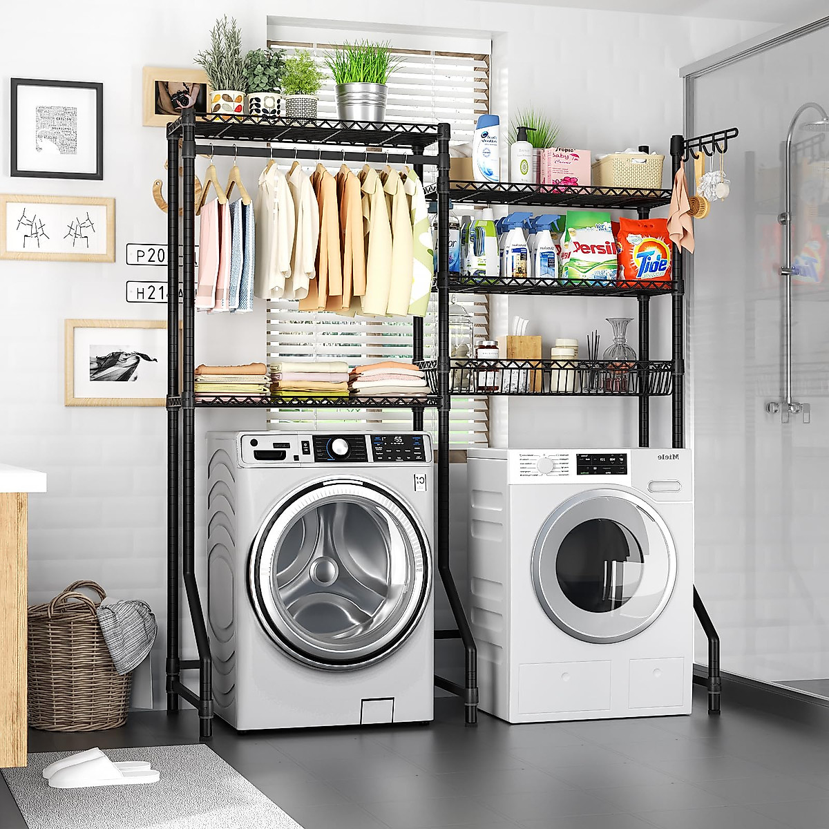 Golpart Over Washer and Dryer Shelves,Heavy Duty Laundry Room Storage Organization Clothes Drying Rack,5 Tier Adjustable Height Wire Shelving and Wire Basket with Hanger Rod&Hook,Space Saving Shelf