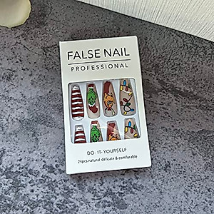 24Pcs Christmas Press on Nails Long Fake Nails Acrylic Ballet Nail Christmas Coffin Nail Full Cover Nail Grinch Design Artificial Cartoon Nails for Women and Girls