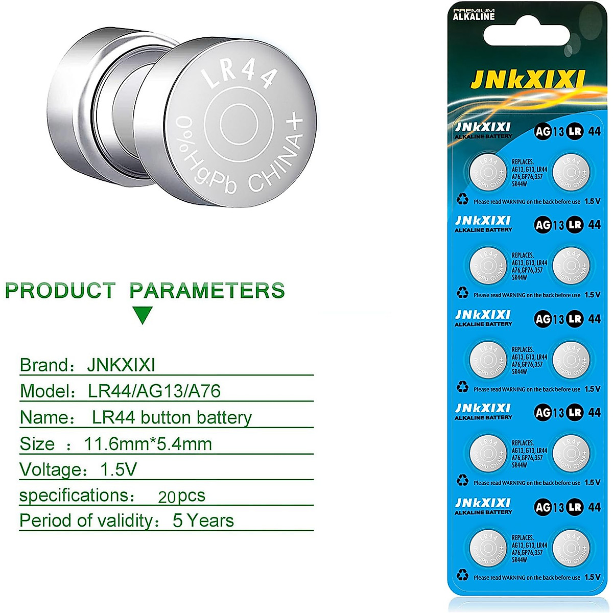 JNKXIXI 20 Pack LR44 Lr 44b l1154c AG13 SR44 Batteries A76 357 303 1154 1.5 Volt Ornament Batteries Button Coin Cell Battery