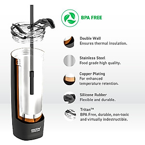 asobu Aqualina Stainless Steel Insulated Water Bottle with Interchangeable Hot and Cold Lid and Built in Straw (Black)