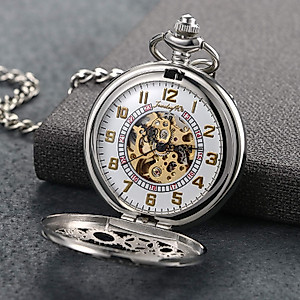Avaner Steampunk Retro Half Hunter Copper Gear Skeleton Hand Wind Mechanical Roman/Arabic Numeral Analog Display Pocket Watch with 14" Chain (Silver)