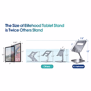 elitehood Aluminum iPad Pro 12.9 Stand, Adjustable iPad Stand Holder for Desk, Large Back Portable Monitor Stand, Tablet Stand Compatible with 15.6’’ Monitor, iPad Pro 12.9, iPad Air Mini 6 5
