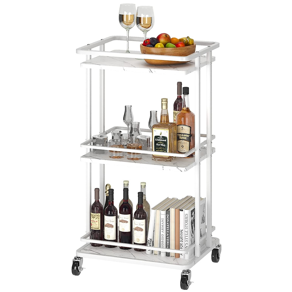 XYZLVSI 3-Tier Rolling Serving Bar Cart, Wood and Metal Kitchen Island Storage Cart with Wheels, Multifunction Utility Drink Cart Storage Rack for Home, Kitchen, Bar, Dinning Room, Living Room (White)