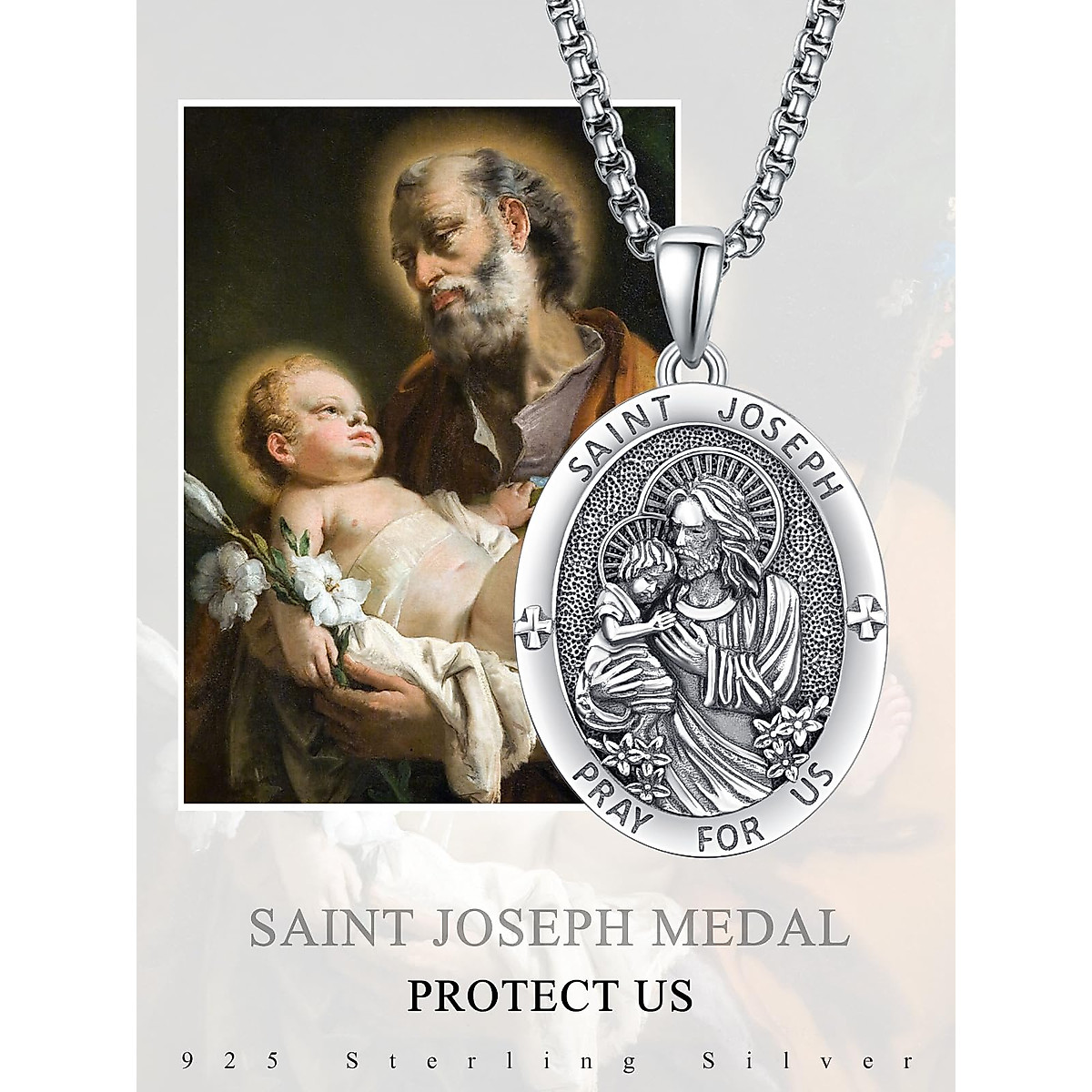 ADMETUS St Joseph Medal for Men 925 Sterling Silver Oval Saint Joseph Pendant Necklace Protection Jewelry Religious Gifts