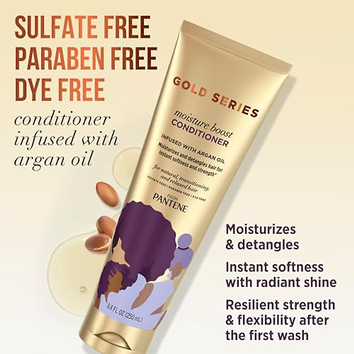 Pantene Shampoo and Sulfate Free Conditioner Kit, with Argan Oil, Pro-V Gold Series, for Natural and Curly Textured Hair, 16.9 fl oz, Kit
