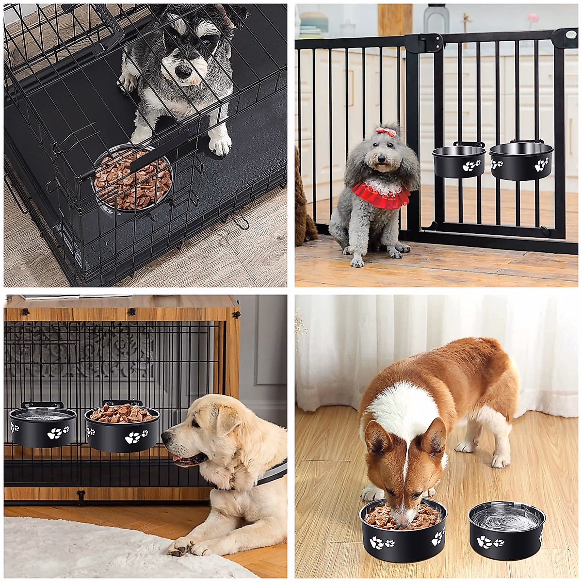 Kennel Water Bowl Hanging, ShineMe 2 Pack Stainless Steel Food and Water Bowl for Dog Cage, Crate, Kennel Bowls Mountable for Medium and Small Dogs, Cats, Pets (6.2x2.6” & 5.5x2.4”)