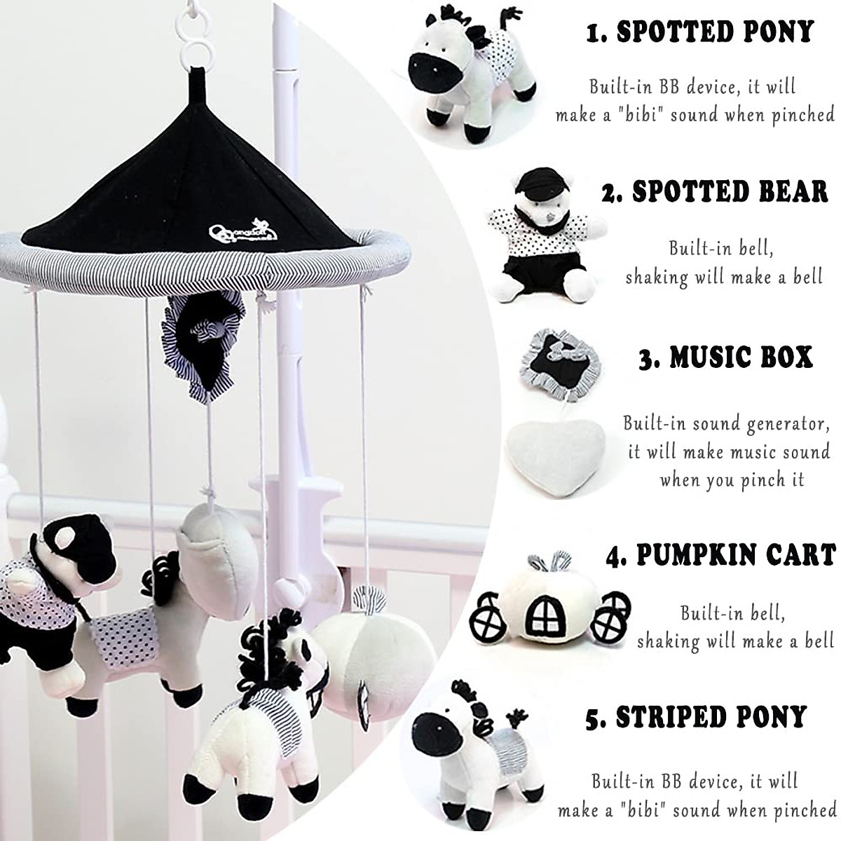 Neutral Baby Mobile,White Horse Musical Baby Crib Mobile,Baby Mobile for Crib,Crib Toys with Music,Handmade Nursery Mobile for Baby Room Decor（Black-White Horse）