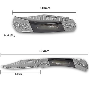 YOUSUNLONG Pocket Folding Knife Overall 195mm - Damascus Steel Blade - Bull Horn Handle