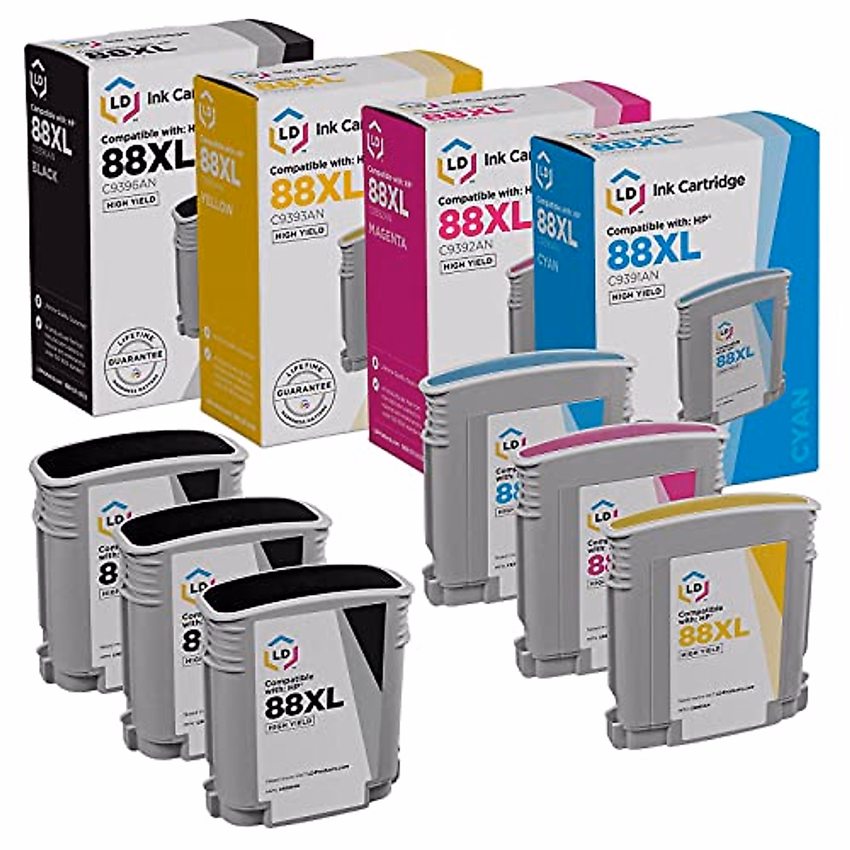 LD Remanufactured Replacement for HP 88XL / 88 Ink Cartridges: (3) C9396AN Black, (1) C9391AN Cyan, (1) C9392AN Magenta & (1) C9393AN Yellow for OfficeJet Pro K5400, K8600, L7480, L7500, L7650
