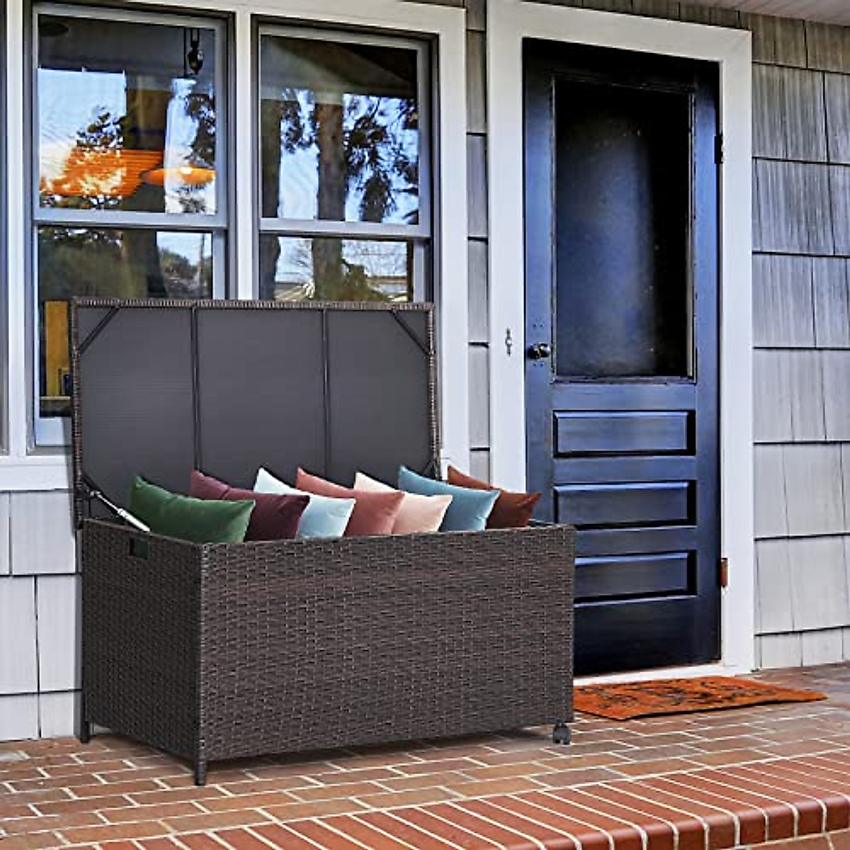 Giantex Outdoor Wicker Storage Box - 50 Gallon PE Rattan Storage Container with Lid, Waterproof Liner, Universal Wheels, Deck Storage for Pillows, Cushions, Gardening Tools, Mix Brown