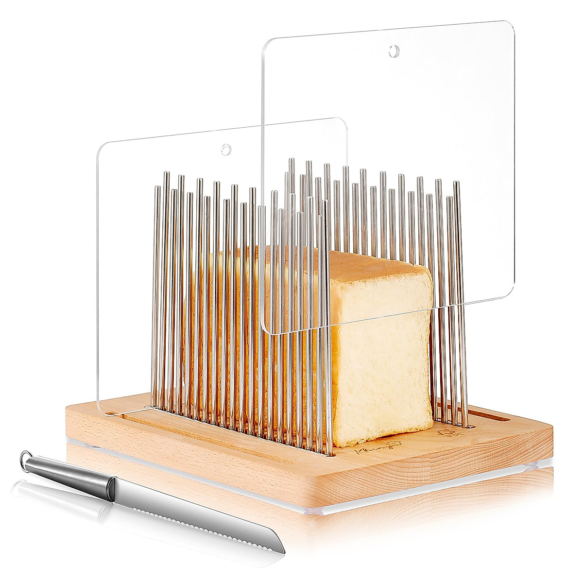 Bread Slicer, Bread Slicer For Homemade - Bread Cutting Guide Adjustable, Stainless Steel Slicing Guide, Durable and Stable Wooden Structure with Bread Knife