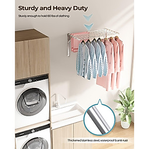 JAUREE Wall Mounted Clothes Drying Rack, Laundry Drying Rack Stainless Steel, Wall Drying Rack Clothing Foldable with 6 Drying Rods, Space Saving Wall Clothes Dryer Rack