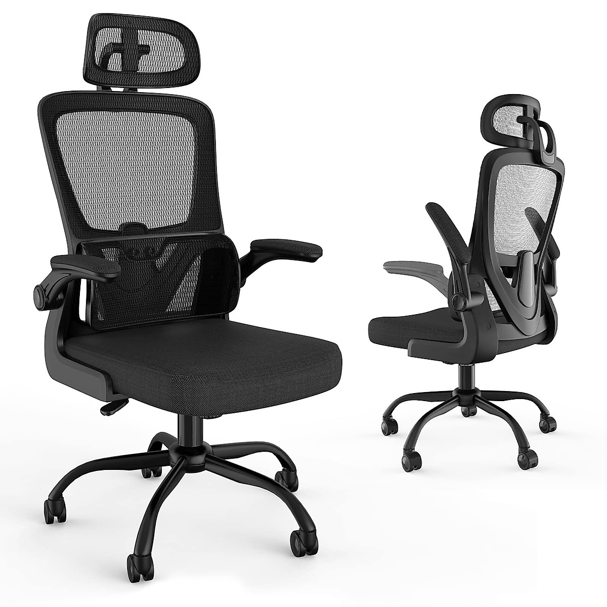 Laziiey Home Office Desk Chairs Ergonomic Chair with Lumbar Support Flip Up Arms Mesh Computer Chair with Comfortable Wide Seat Adjustable Headrest (Black)
