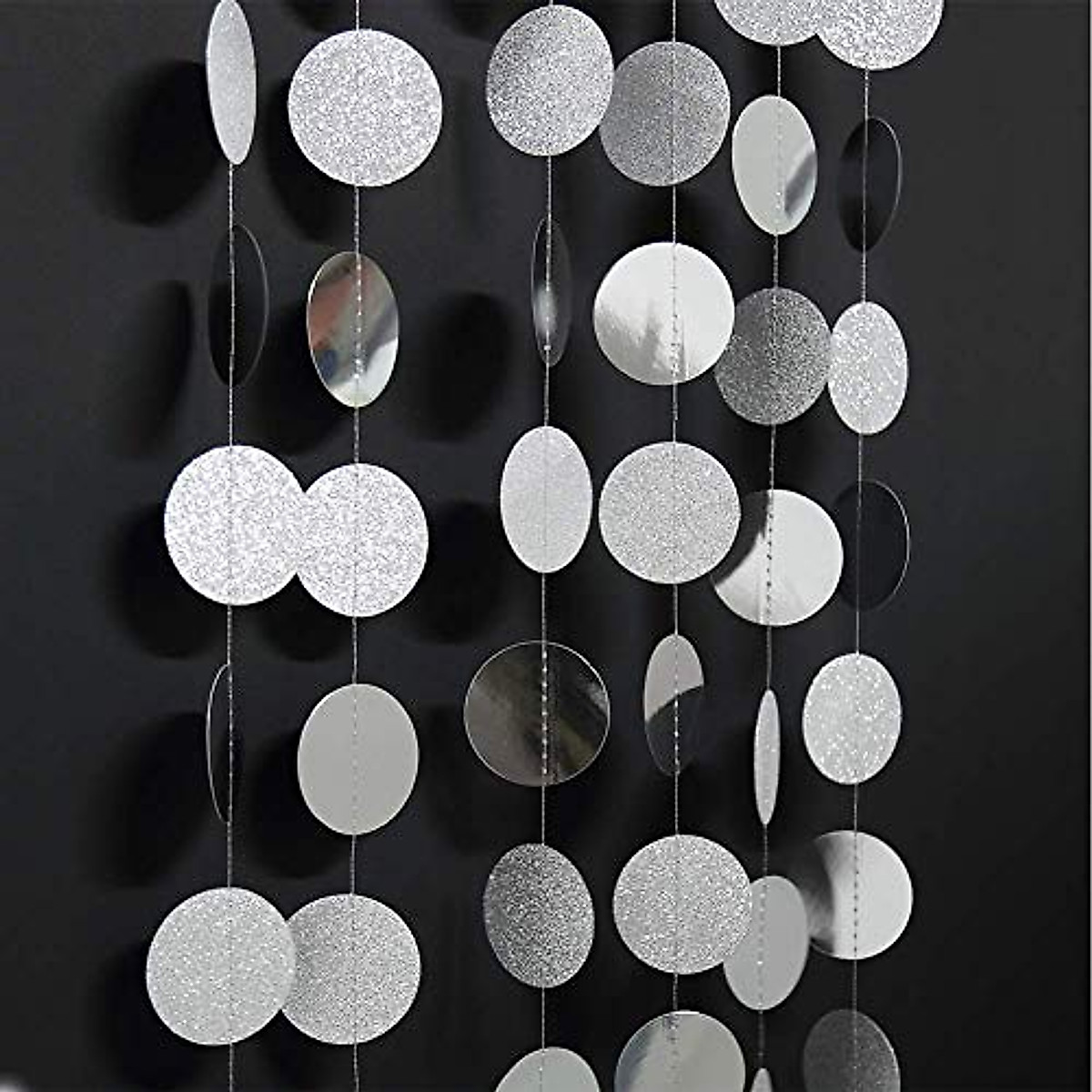 Decor365 Glitter Silver Circle Dots Garland Hanging Polk Dot Streamer Party Decoration String Banner Backdrop for Birthday/Wedding/Baby Shower/Engagement/Bridal Shower/Graduation/Bday/Bachelorette