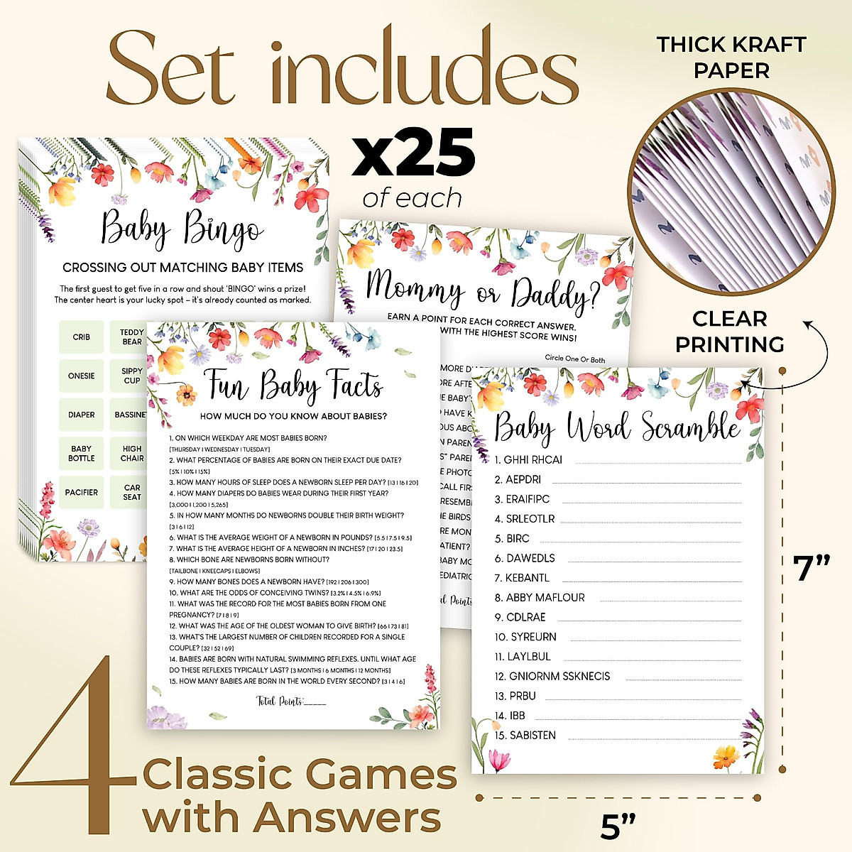 WOODAMORE Wildflower Baby Shower Games for Girl - Baby in Bloom Baby Shower Games Funny, Baby Shower Bingo Game, Floral Baby Bingo for Baby Shower Girl, Mommy Or Daddy Game, Baby Shower Word Scramble