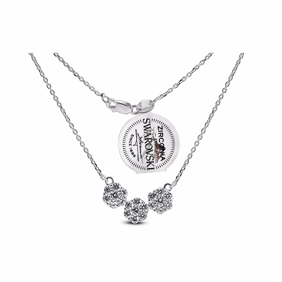 ORO LEONI Womens 925 Sterling silver Rhodium plated Swarowski Zirconia Three Flower Pendant 18" Necklace. Twenty One Round Diamond cut Gemstones totaling a weight of 3.00 Carats.