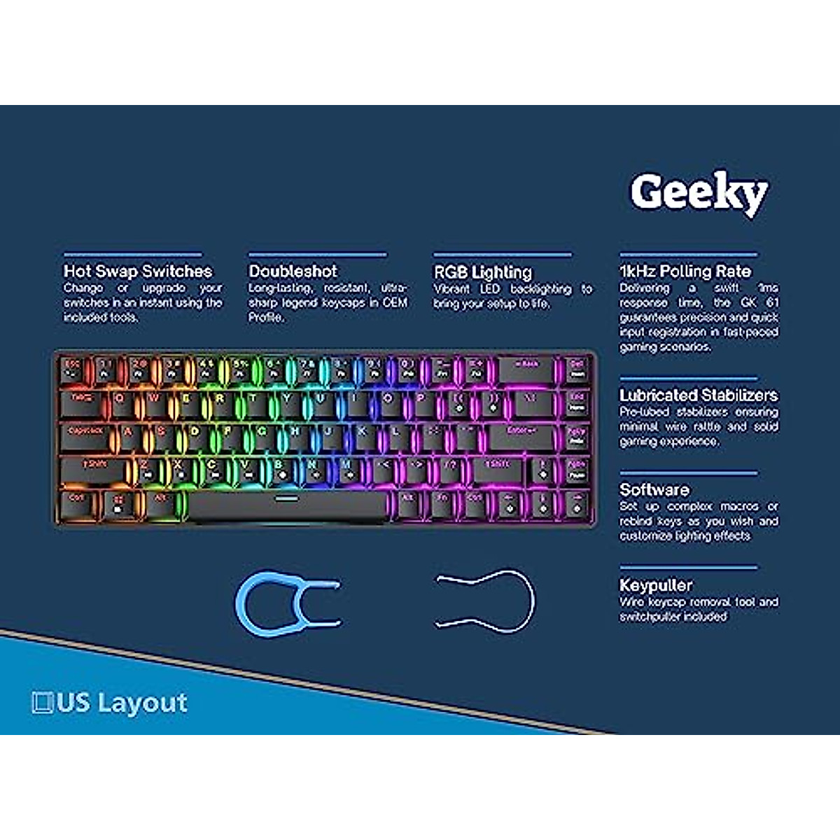 Geeky GK65 65% | Hot Swappable Mechanical Gaming Keyboard | 68 Keys Multi Color RGB LED Backlit for PC/Mac Gamer | ANSI US American Layout (Black, Mechanical Brown)