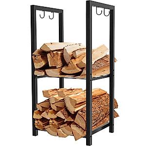 Koutemie 2 Tiers Small Firewood Log Storage Rack Holder for Indoor Fireplace or Outdoor Patio, Black