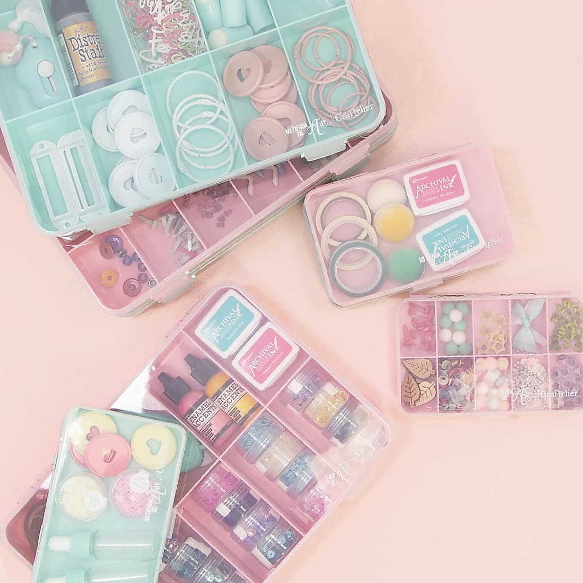 Craftelier - Mini Organizing Box with 10 Compartments for Scrapbooking and Craft Materials | Dimensions 14.6 x 9.1 x 3.2 cm (5.75“ x 3.6” x 1.25") - Transparent and Turquoise Color