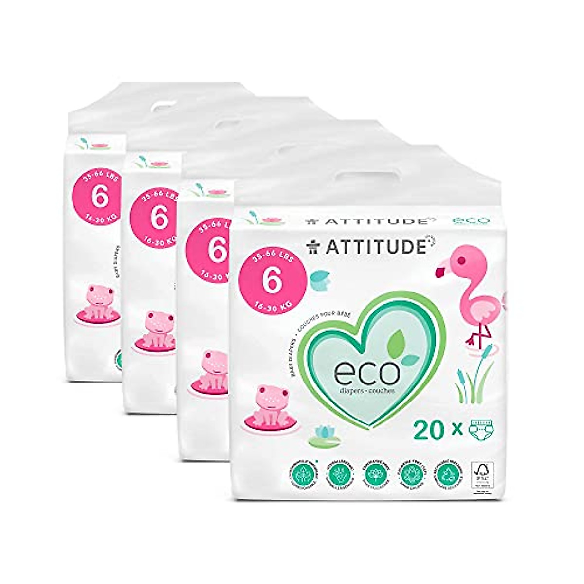 ATTITUDE Non-Toxic Diapers, Eco-Friendly, Hypoallergenic, Safe for Sensitive Skin, Chlorine-Free, Leak-Free & Biodegradable Baby Diapers, Fragrance-Free, Size 6 (35-66 lbs), 80 Count (4 Packs of 20)
