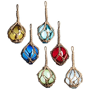 Japanese Glass Fishing Floats Ball - 3" Multicolor (6 Pack) - Glass Buoys with Rope - Japanese Glass Floats - Fishing Float Glass - Glass Float Balls - Glass Ball Float Decor - Nautical Glass Balls