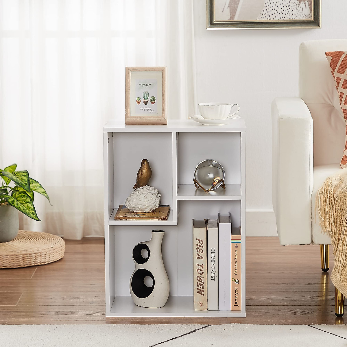VECELO 3-Cube Small Bookshelf, Modern Bookcases with Shelves Height Up to 12.8 Inches, Suit for Common Size Textbook, Vertical or Horizontal, Cubby Storage Organizer,Pearl White