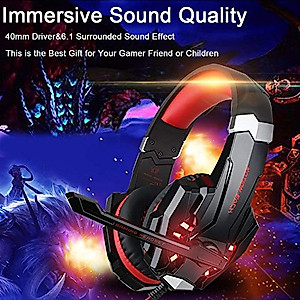BlueFire Stereo Gaming Headset for PS4, PS5, PC, Xbox One, Noise Cancelling Over Ear Headphones with Mic, LED Light, Bass Surround, Soft Memory Earmuffs for Laptop Nintendo Switch (Black-Red)