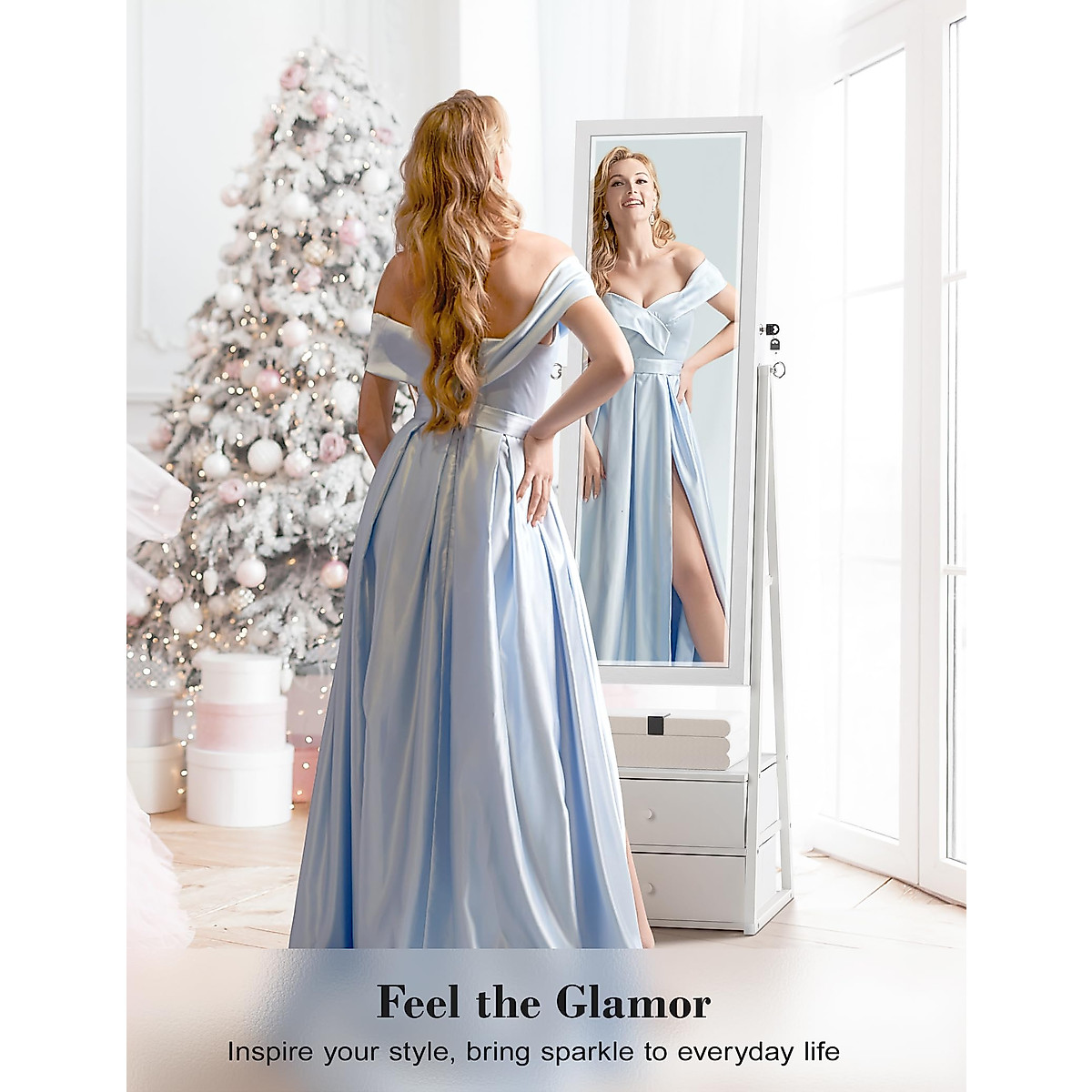 Nicetree Jewelry Cabinet Armoire with 2 Drawers, Lockable Standing Jewelry Mirror Cabinet, Full Length Mirror with Jewelry Storage, White