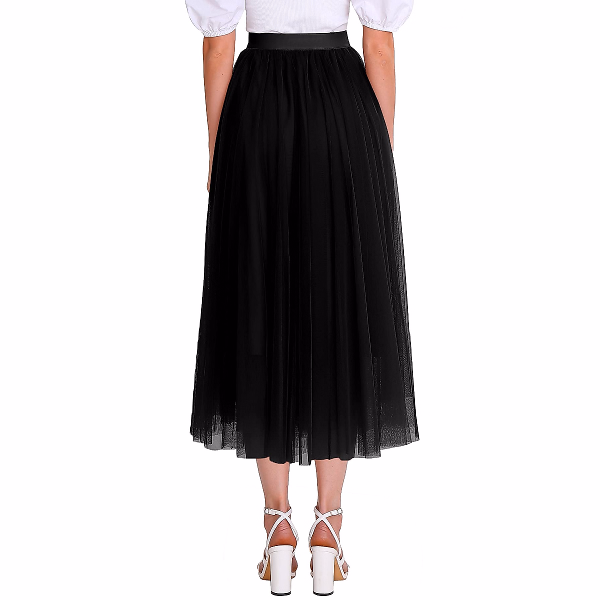 Women’s Tulle Skirts Midi Elastic High Waist Pleated Mesh Flowy A-Line Party Long Tutu Skirt