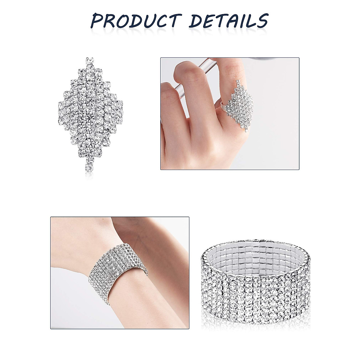 Women Rhinestone Stretch Bracelet Bangle Crystal Rhinestone Necklace Ring Dangle Fringe Earrings (Silver)