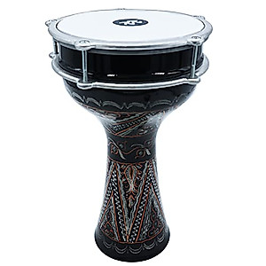 ZAZA Percussion 16'' Length Aluminum Darbuka, 8" Tunable Synthetic Head Turkish Doumbek Drum (Black- Engrave)