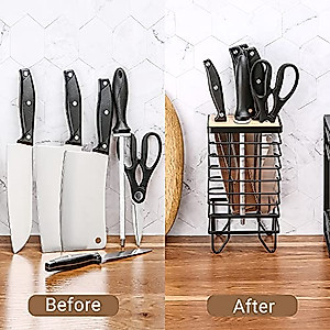 LINFIDITE Knife Block Holder Universal Kitchen Knife Organizer Storage Stand 8 Slots Top Hollow Iron Wire Safe to Use Different Size Shape Knife Sharpeners Scissors Kitchen Countertop Black