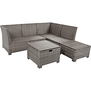 All Weather Outdoor Patio Rattan Sofa Set, 6-Piece UV Resistant PE Wicker Sectional Conversation Furniture Set with 2 Corner Chairs, 2 Single Chairs, 1 Ottoman and 1 Storage Table, Thick Cushions