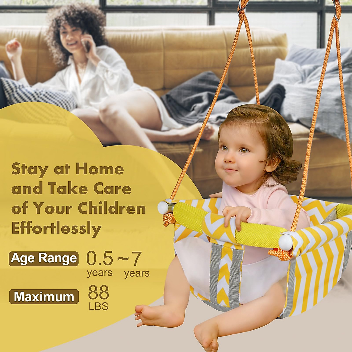 Toddler Swing Seat Indoor,Steel Baby Swing Outdoor Simple Assembly,Portable Canvas Baby Swing with Safety Belt,Columpios para NiñOs 1-6 AñOs,Tree Swings Or Backyard,Full Set of Ceiling Screws