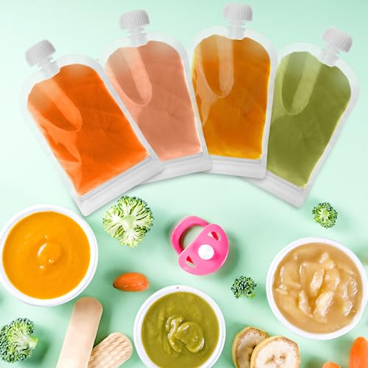 BABORUI Reusable Baby Food Pouches Filler Kit, Portable Baby Food Pouches Refillable Kit for Applesauce Yogurt Smoothie, Baby Food Maker with 4pcs Reusable Pouches for Toddlers Baby