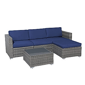 Patiorama 5 Piece Outdoor Patio Furniture Set, Outdoor Sectional Conversation Set, All-Weather Grey PE Wicker w/Navy Blue Cushions, Outdoor Backyard Porch Garden Poolside Balcony Furniture Set