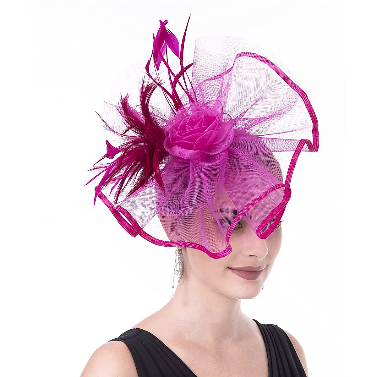 Lucky Leaf Girl Lady Hat Headwear Organza Church Feather Clip Fascinators Hat Wedding Party Kentucky Derby Cap for Women(L-Flowers-Fuschia)