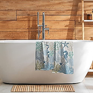 Blue Coral Hand Towels Set of 2 Sea Horse Decorative Bathroom Towels Super Soft Absorbent Towels for Yoga Gym Spa Kitchen 28x14 Inch