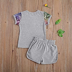 Nie Cuimeiwan Toddler Baby Girl Summer Clothes Sequins Pocket Top T-Shirts Shorts Set Mamas Little Cowgirl Outfit (Style-A Grey, 6-7 Years)