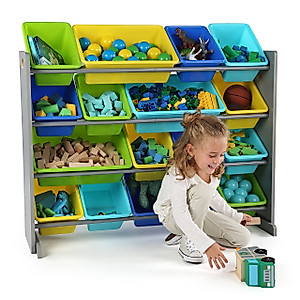 Humble Crew Extra-Large Toy Organizer, 16 Storage Bins, Grey/Blue/Green/Yellow,15.5"D x 42"W x 35"H