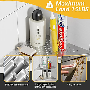 Neodrain 10 Inch Brushed Corner Wall Shelf Set of 2, Floating Corner Shelves for Wall, 304 Stainless Steel Wall Storage Shelves for Bathroom,No Drilling