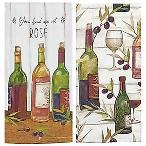 DHE Tuscan Themed Wine Bottles Cotton Kitchen Bar Towel Bundle of 2 Classic Absorbent Towels, Multi colored
