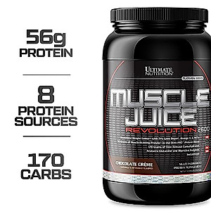 Ultimate Nutrition Muscle Juice Revolution 2600 Weight Gainer, Intestinal Health, Muscle Recovery with Glutamine, Micellar Casein and Time Release Complex Carbohydrates, Chocolate Powder, 4.69 Pounds