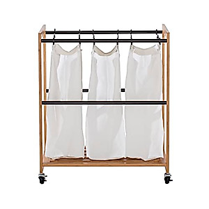TRINITY 3-Bag Bamboo Laundry Cart, Laundry-Room Organization and Dirty Clothes Hamper with Wheels for Bedroom, Closet, Dorm Room and More, Bronze Poles