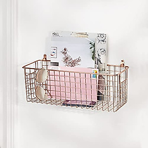 mDesign Portable Metal Farmhouse Wall Storage Organizer Basket Bin - Handles for Hanging in Entryway, Mudroom, Bedroom, Bathroom, Laundry Room - Wall Mount Hooks Included, Medium - 2 Pack - Rose Gold