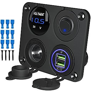 Kohree 12V Marine Car Charger Socket Panel, 4 in 1 Waterproof Boat Cell Phone Rocker Switch Panel with Dual QC3.0 USB Power Outlet Cigarette Lighter Socket for RV Marine Boat Camper Truck Automotive