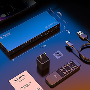 4K 60Hz HDMI Matrix 4x2, PORTTA 4 in 2 Out Switch Splitter with Toslink 3.5mm Audio Extractor, ARC, 16 EDID Modes, 4K Downscale, and IR Remote Support HDMI 2.0b HDCP 2.3/2.2 HDR 3D